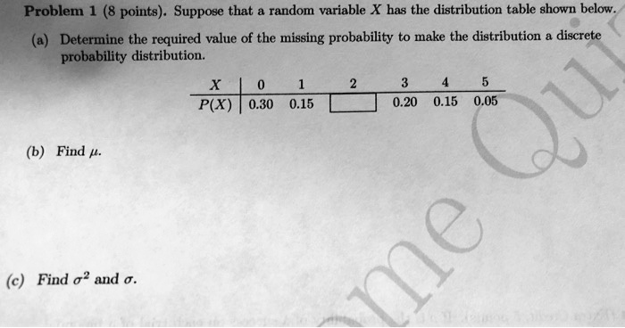 SOLVED: Problem L (8 points). Suppose that random variable X has the distribution table shown ...