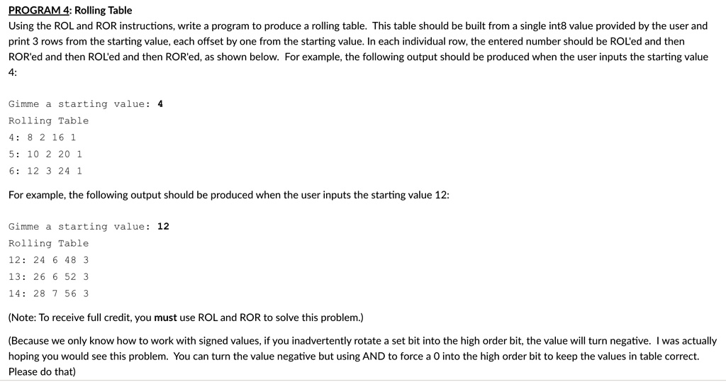 PROGRAM 4: Rolling Table Using the ROL and ROR instructions, write a ...