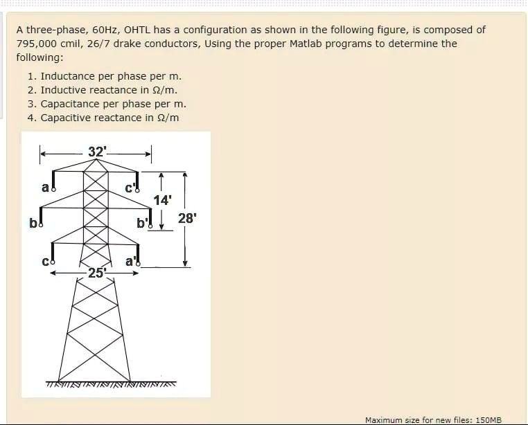 A three-phase, 60Hz, OHTL has a configuration as shown in the following figure, is composed of ...
