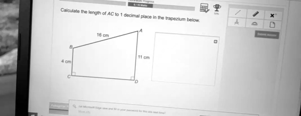 Calculate the length of AC to 1 decimal place in the trapezium below. A B 4 cm 16 cm 11 cm C D