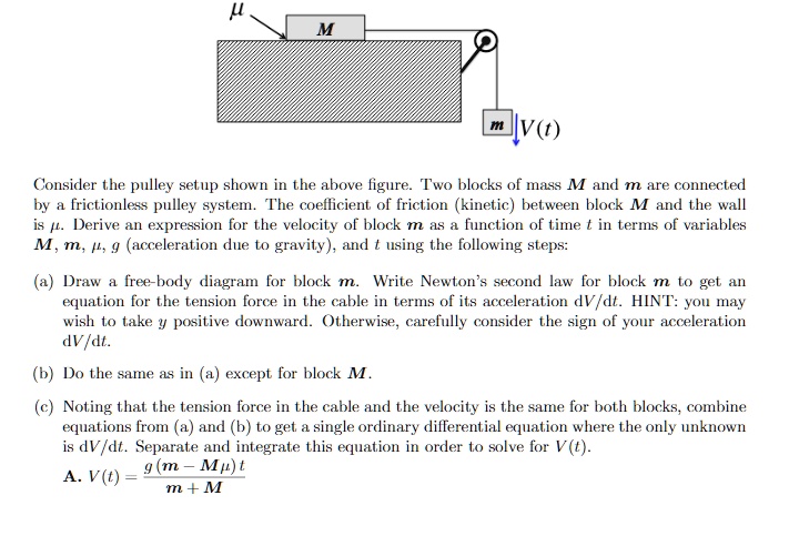 SOLVED: V(t) Consider the pulley setup shown in the above figure: Two blocks of mass M and m ArC ...