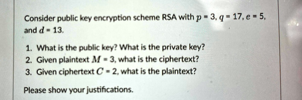 SOLVED: Consider the public key encryption scheme RSA with p=3, q=17, e ...