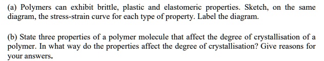 SOLVED: (a) Polymers can exhibit brittle, plastic, and elastomeric properties. Sketch on the ...