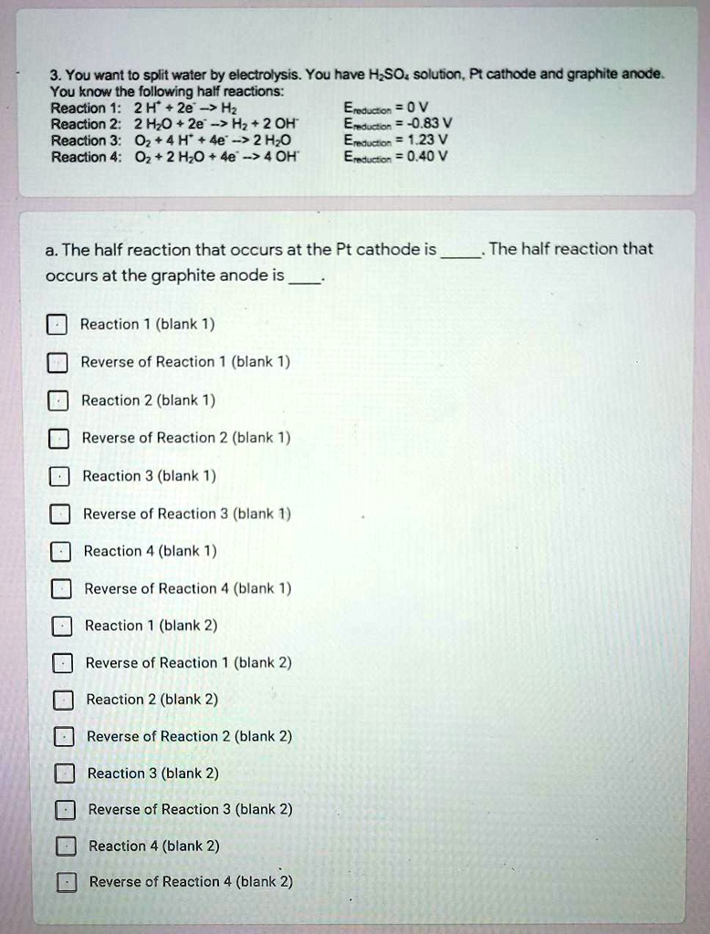 SOLVED: You want to split water by electrolysis. You have H2SO4 ...