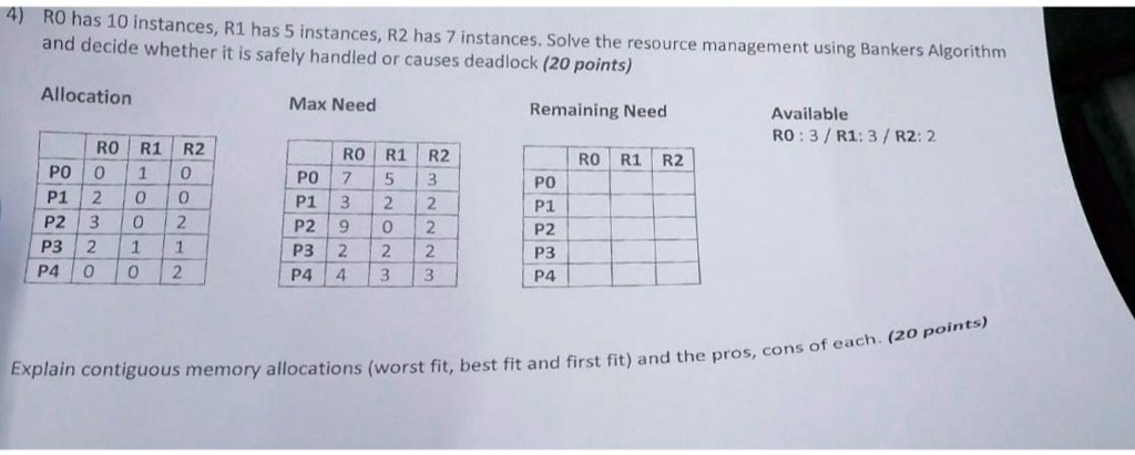 SOLVED: RO has 10 instances, R1 has 5 instances, R2 has 7 instances. Solve the resource ...