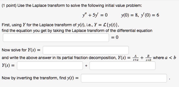 SOLVED: point) Use the Laplace transform to solve the following initial value problem: y" +Sy ...