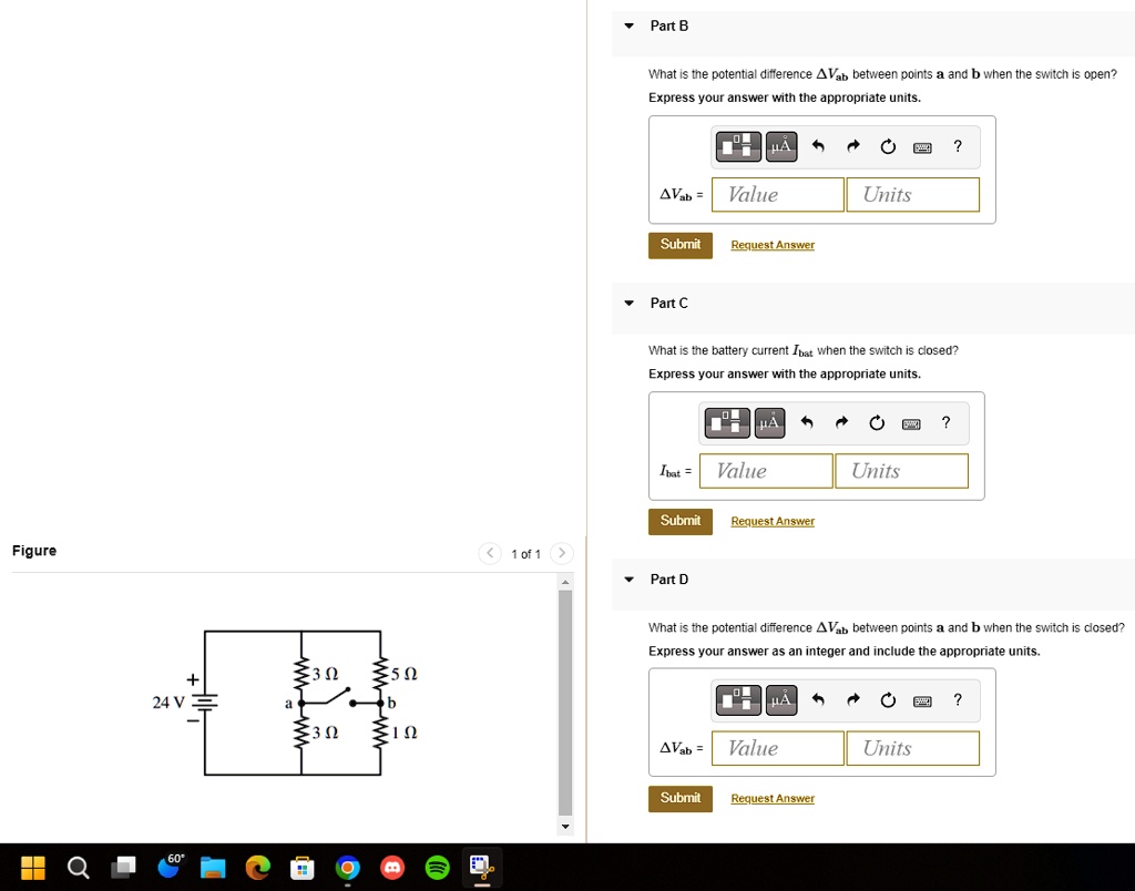 SOLVED: Part B What is the potential difference Vab between points a and b when the switch is ...