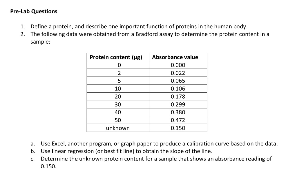 SOLVED: Pre-Lab Questions Define a protein and describe one important ...