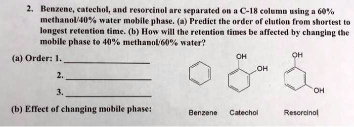 benzene catechol and resorcinol are separated on a c 18 column using 60 ...