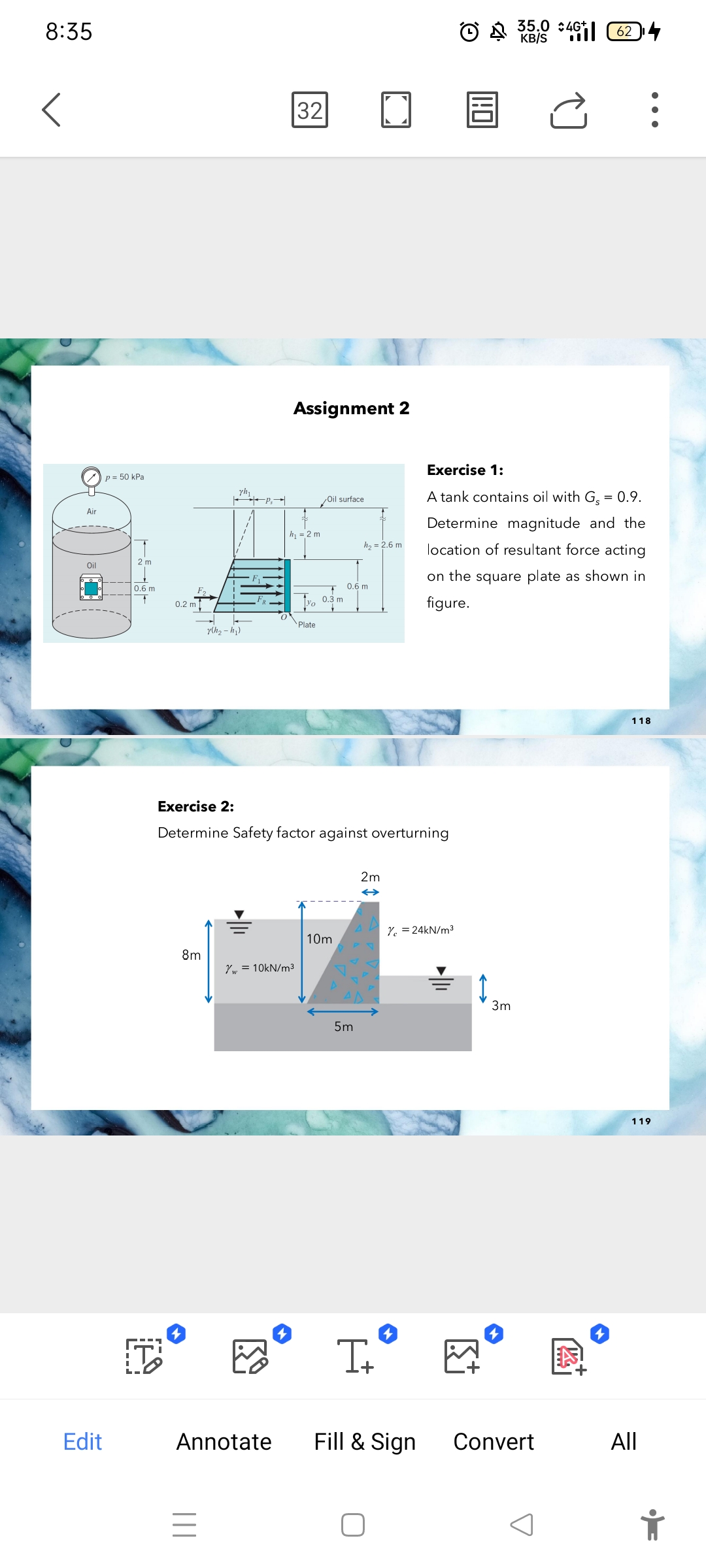 8: 35 62 32 Assignment 2 Exercise 1: A tank contains oil with Gs=0.9. Determine magnitude and ...