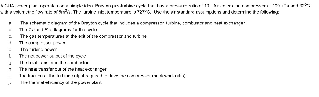 A CUA power plant operates on a simple ideal Brayton gas-turbine cycle ...
