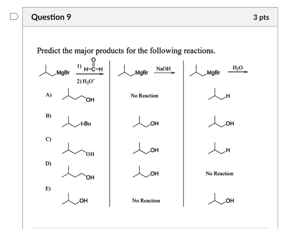 SOLVED: Question 3 pts Predict the major products for the following reactions 1) H-c-H NaOH MgBr ...