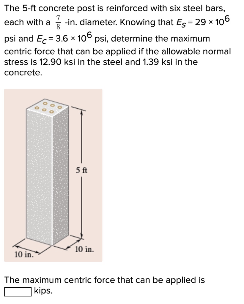 SOLVED: The 5-ft concrete post is reinforced with six steel bars, each ...