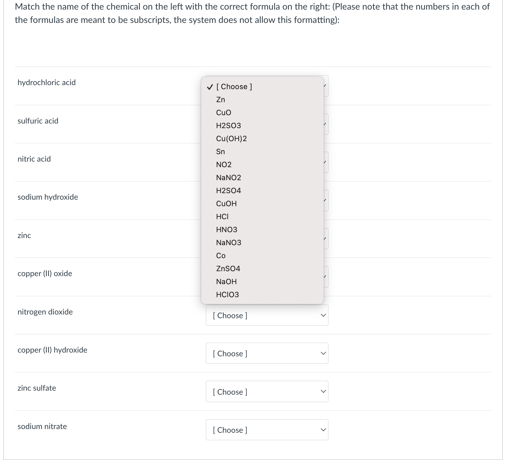 Match the name of the chemical on the left with the correct formula on ...