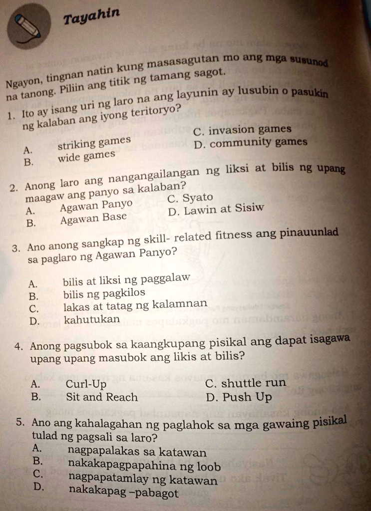 SOLVED: 1.ito ay isang uri ng laro na Ang layunin masasagutan mo ang ...