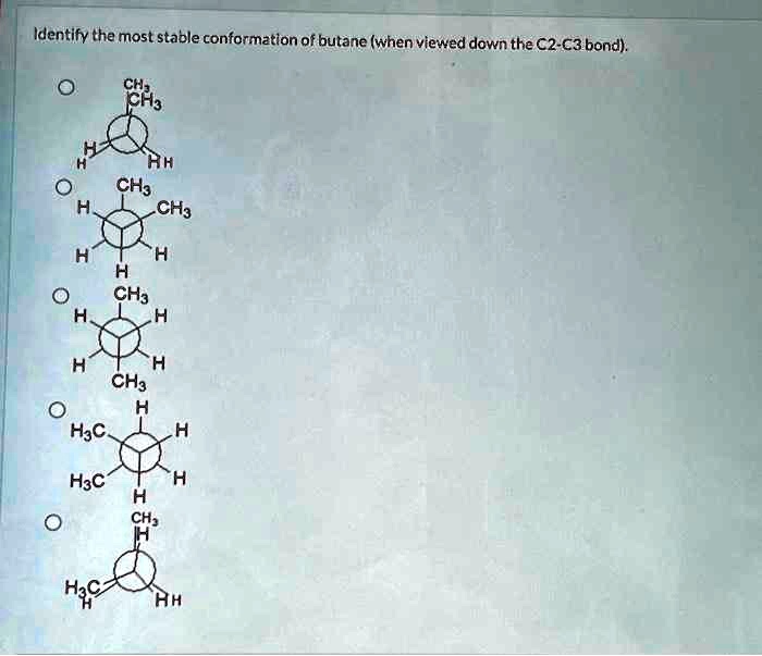 Identify the most stable conformation of butane (when viewed down the ...