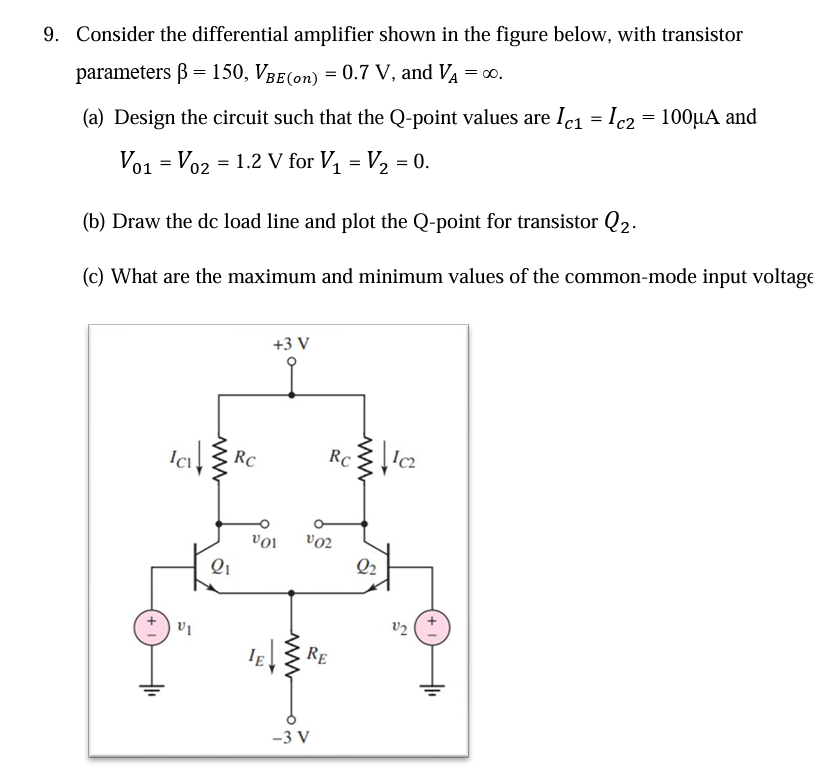9. Consider the differential amplifier shown in the figure below, with ...