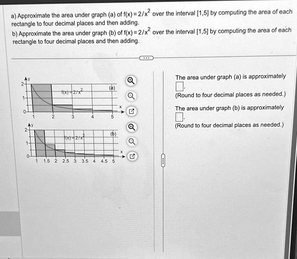 SOLVED: a) Approximate the area under graph (a) of f(x)=(2)/(x^(2)) over the interval 1,5 by ...