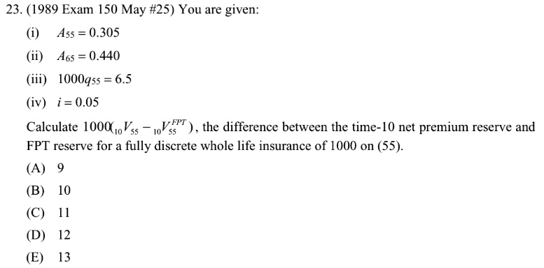 23. (1989 Exam 150 May #25) You are given: (i) A55 = 0.305 (ii) A65 = 0 ...