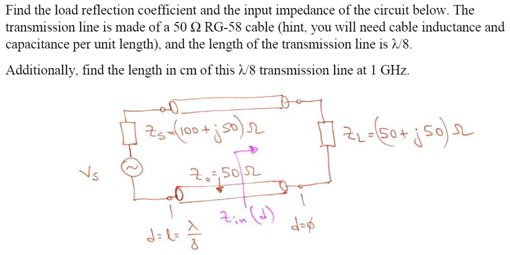 SOLVED: Find the load reflection coefficient and the input impedance of the circuit below. The ...