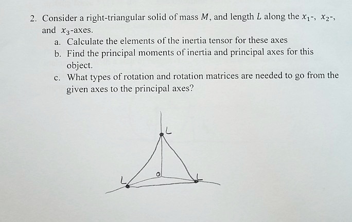 SOLVED: Consider a right-triangular solid of mass M, and length L along the x-, y-, and z-axes ...