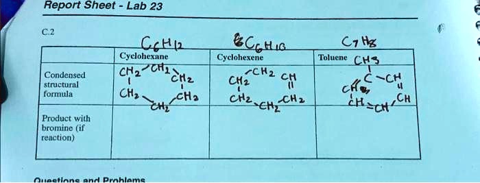 Report Sheet - Lab 23 C.2 C6H12 Cyclohexane C6H10 Cyclohexene C7H8 Tolune CH3 Condensed ...