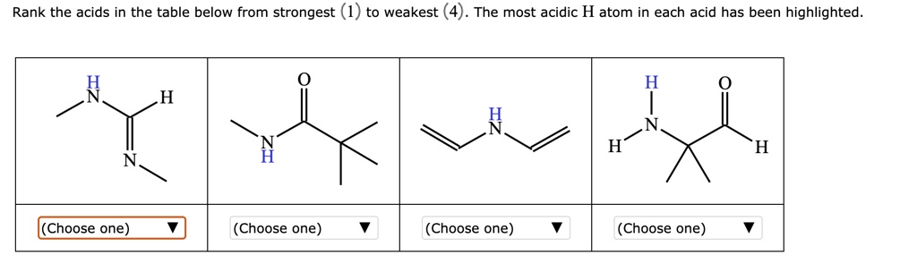 SOLVED: Rank the acids in the table below from strongest to weakest (4 ...
