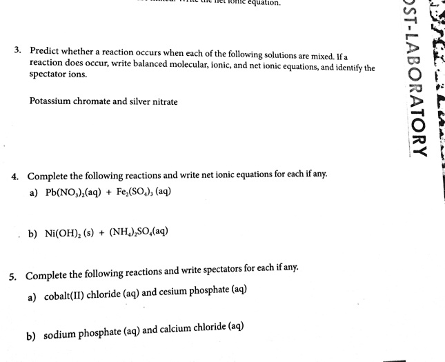 SOLVED: Text: Predict whether reaction occurs when each of the following solutions are mixed. If ...