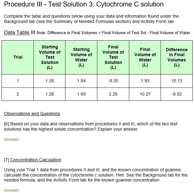 Procedure Iii Test Solution 3 Cytochrome C Solution Complete The Table And Questions Below