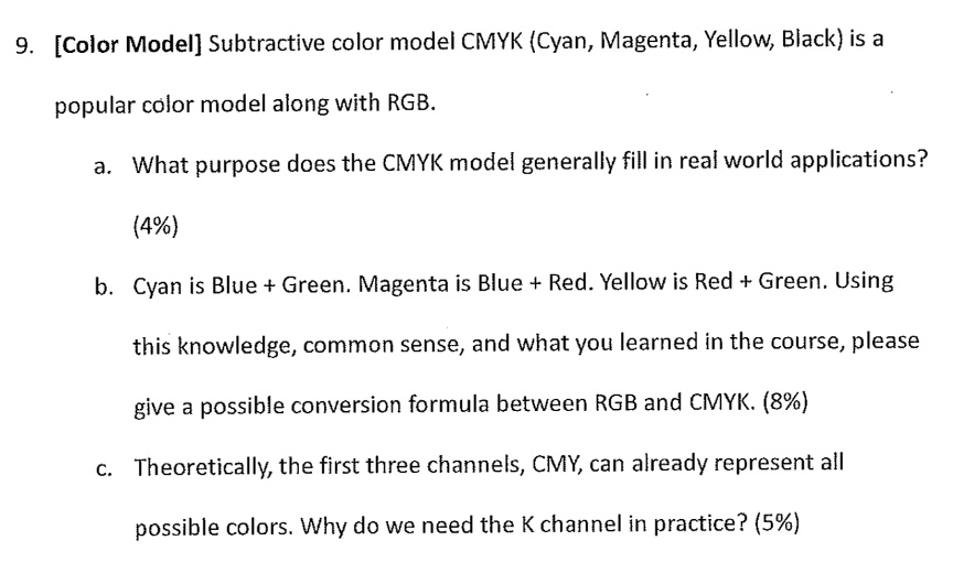 SOLVED: 9. [Color Model] Subtractive color model CMYK (Cyan, Magenta ...