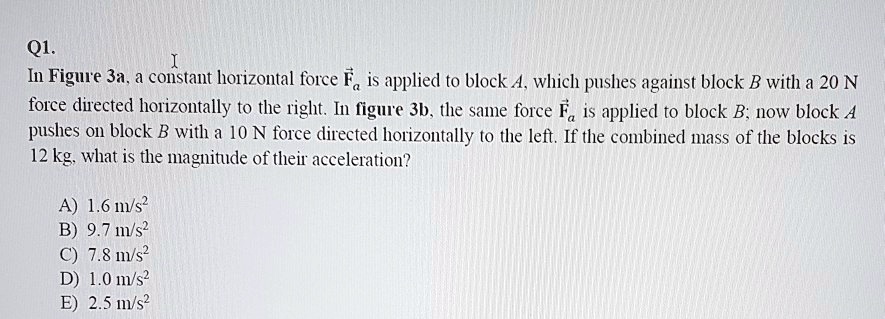 q1 in figure 3a constant horizontal force fa is applied to block a which pushes against block b ...