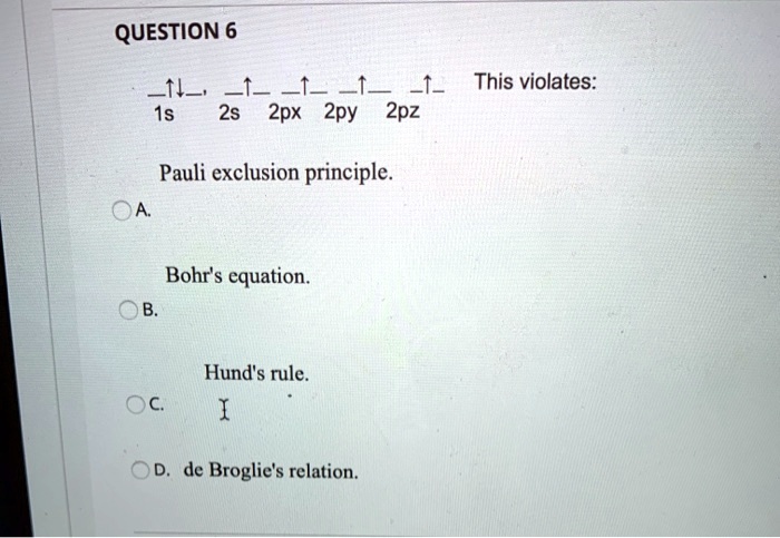 SOLVED: QUESTION 6 Il I Is 2s 2px Zpy 2pz This violates: Pauli ... SOLVED: QUESTION 6 Il I Is 2s 2px Zpy 2pz This violates: Pauli ...