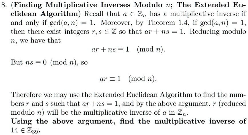 Solved Text 8 Finding Multiplicative Inverses Modulo N The Extended Euclidean Algorithm