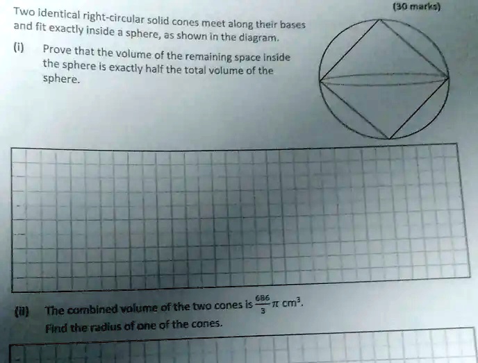Two identical right-circular solid cones meet along their bases and fit ...