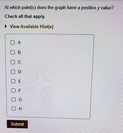 SOLVED: At which point(s) does the graph have a positive y value? Check all that apply: View ...