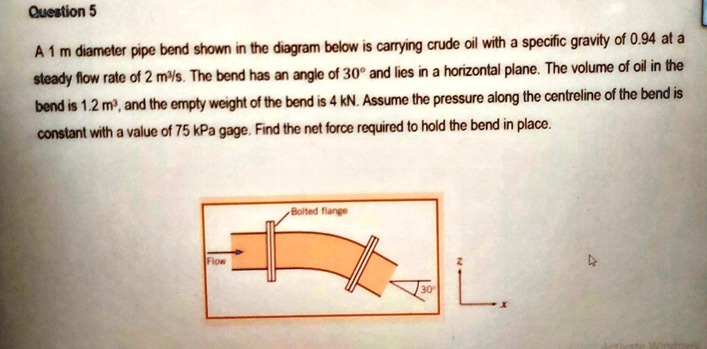 SOLVED: Question5 A 1 m diameter pipe bend shown in the diagram below is carrying crude oil with ...