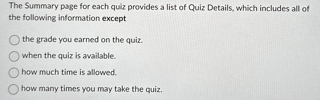The Summary page for each quiz provides a list of Quiz Details, which ...