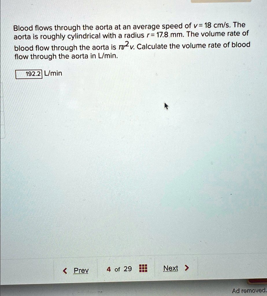 Blood flows through the aorta at an average speed of v=18 cm/s. The ...