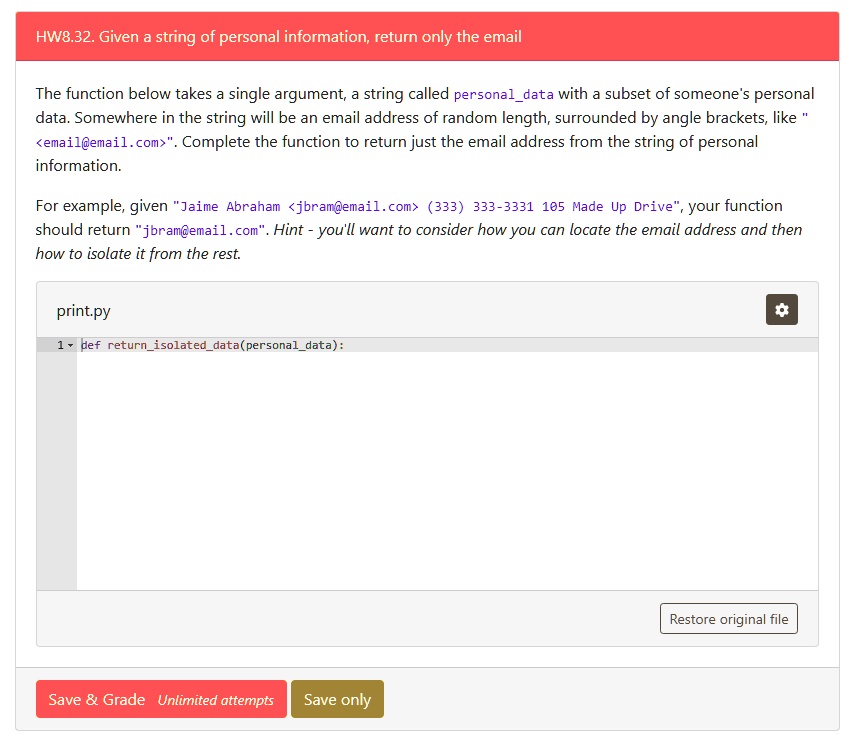 HW8.32. Given a string of personal information, return only the email ...