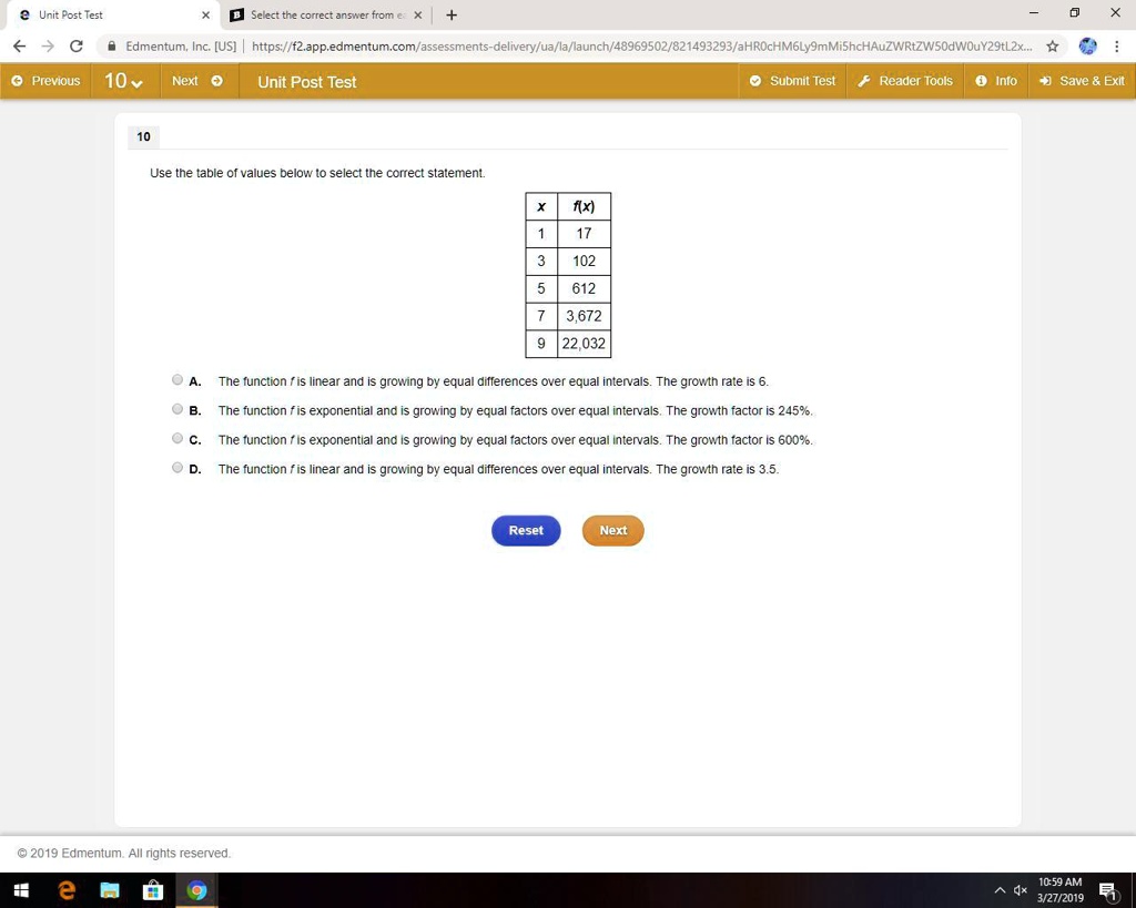 SOLVED: 'Use the table of values below to select the correct statement ...