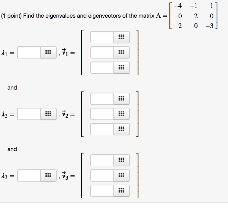 SOLVED: point) Find the eigenvalues and eigenvectors of the matrix A = -3 _ 11 V1 = and 12 V2 ...