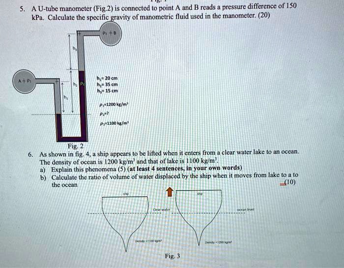 SOLVED: 5. A U-tube manometer (Fig. 2) is connected to point A and B ...
