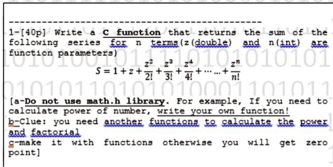 SOLVED: Texts: 1-[40p] Write a C function that returns the sum of the "z" and "n" (which are ...