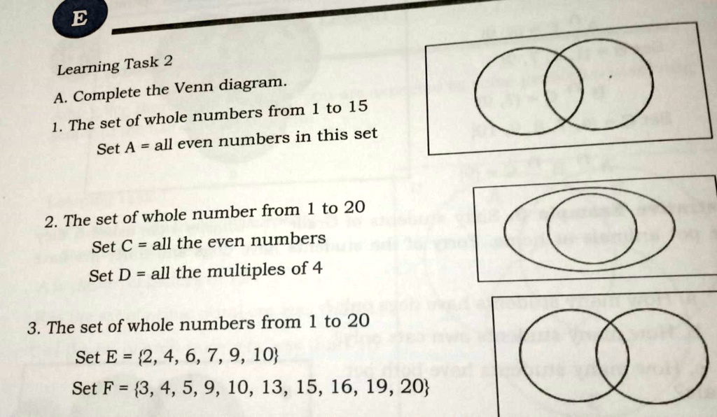 SOLVED: "Learning Task 2 4. Complete the Venn diagram 2. The set of whole numbers from I to 15 ...