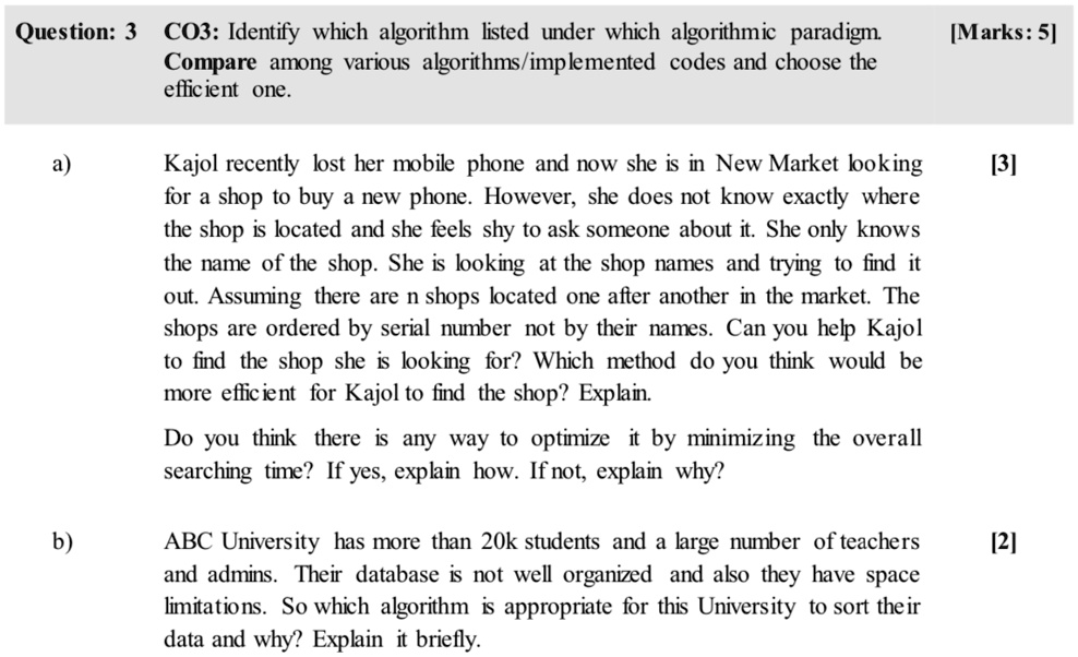 Solved Question 3 Co3 Identify Which Algorithm Listed Under Which Algorithmic Paradigm 6339