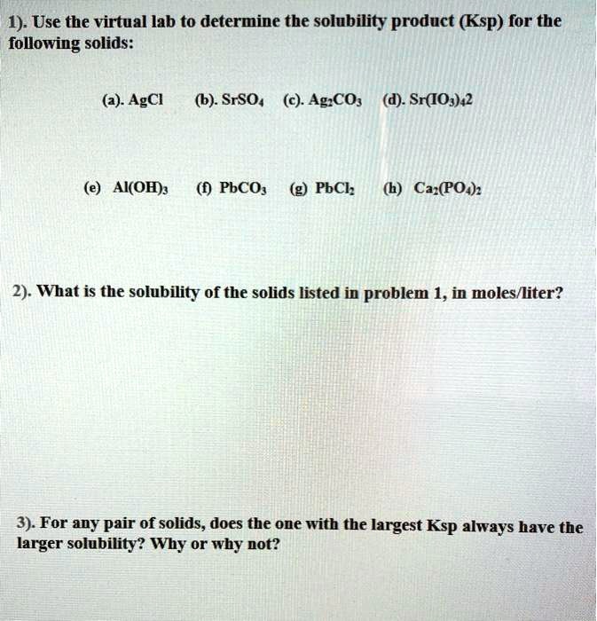 SOLVED: Use the virtual lab to determine the solubility product (Ksp) for the following solids ...