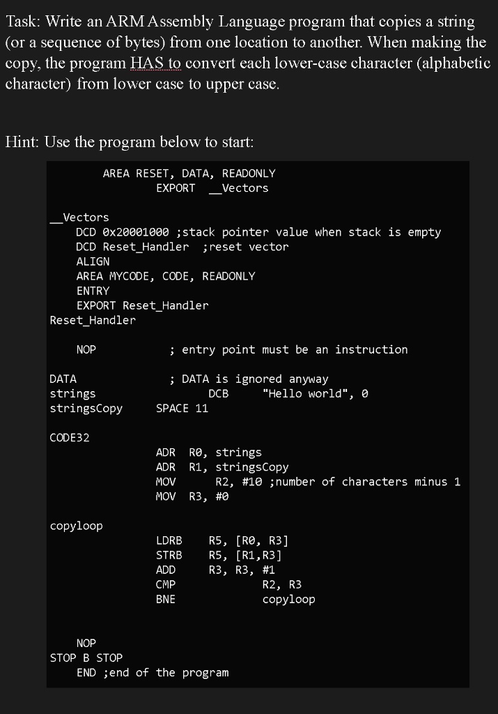 Solved Texts Task Write An Arm Assembly Language Program That Copies A String Or A Sequence