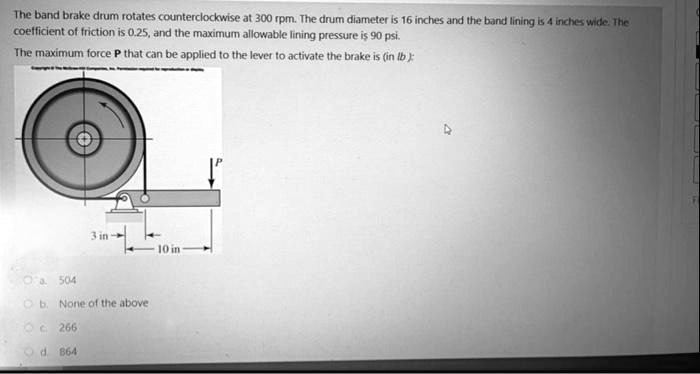 SOLVED: The band brake drum rotates counterclockwise at 300 rpm. The ...