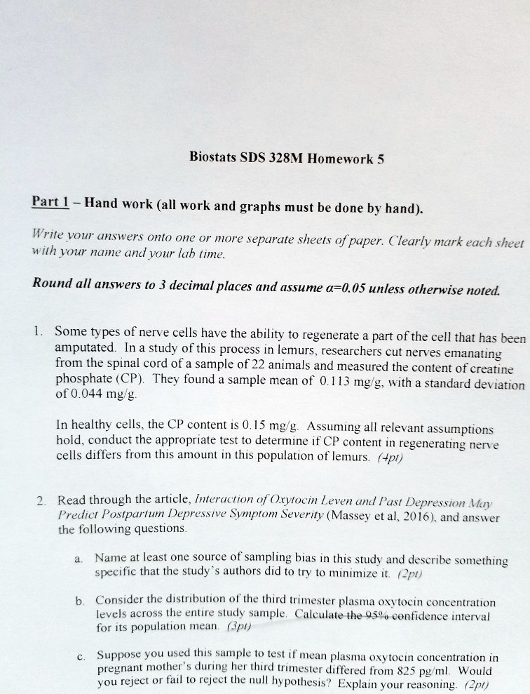 Biostats Sds 328m Homework 5 Part Hand Work All Work And Graphs Must Be