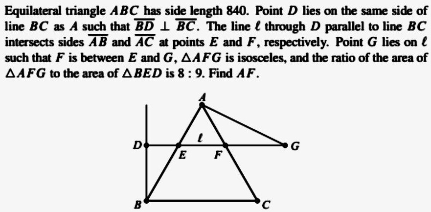Equilateral triangle ABC has side length 840. Point D lies on the same side of line BC as A such ...